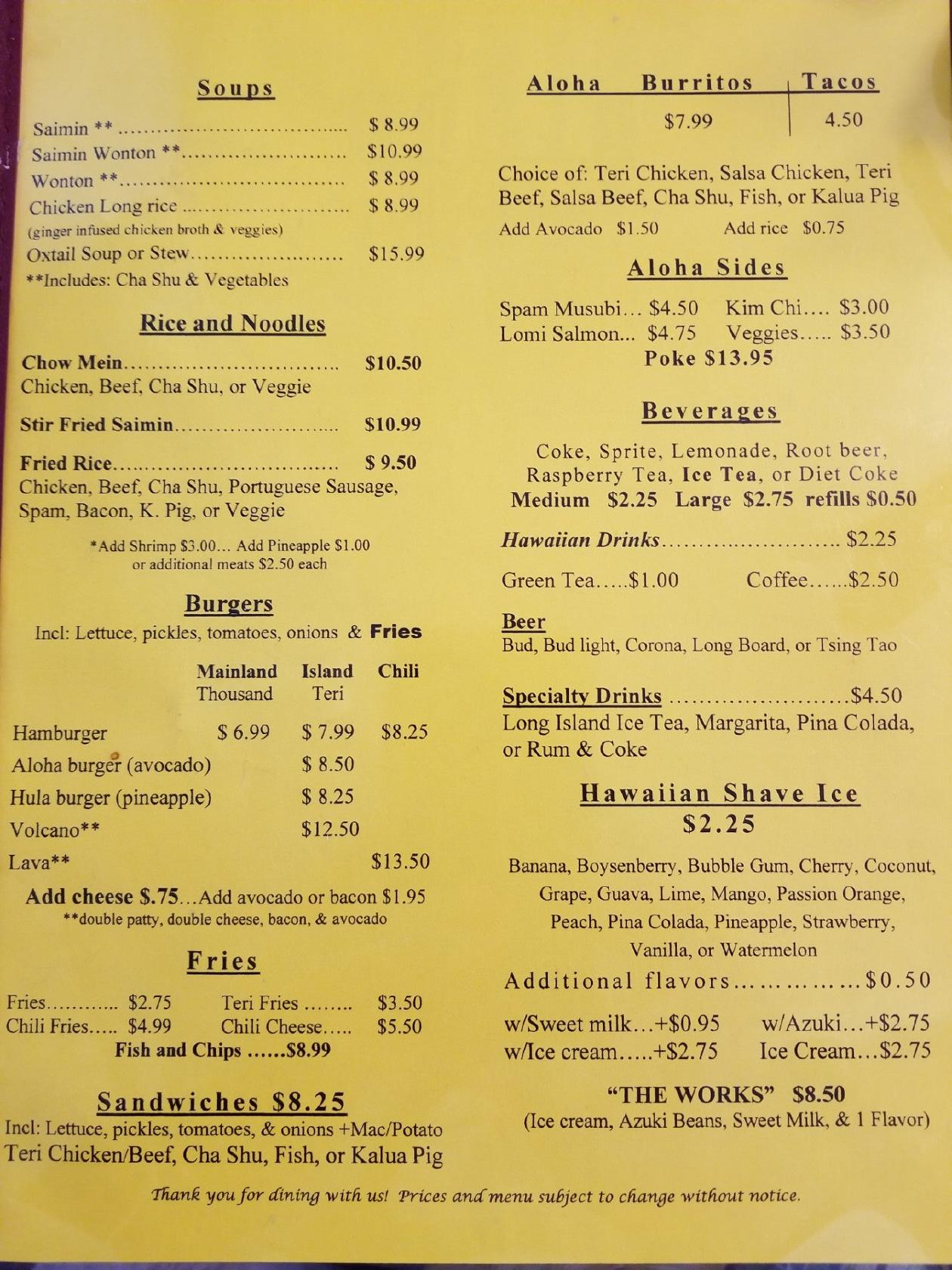 Menu at Aloha Food Factory restaurant, Alhambra
