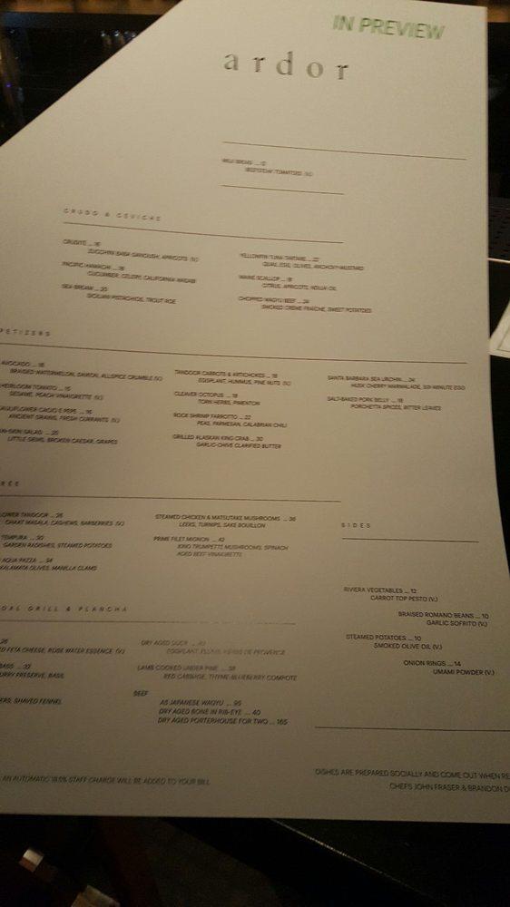 Menu at Ardor restaurant, West Hollywood, Sunset Blvd