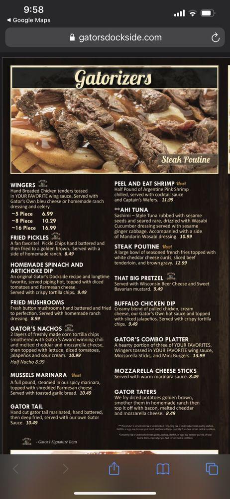 Menu at Gator's Dockside Ocala pub & bar, Ocala