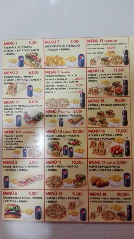Menu at Golden Kebab pizzeria, Lora del Río