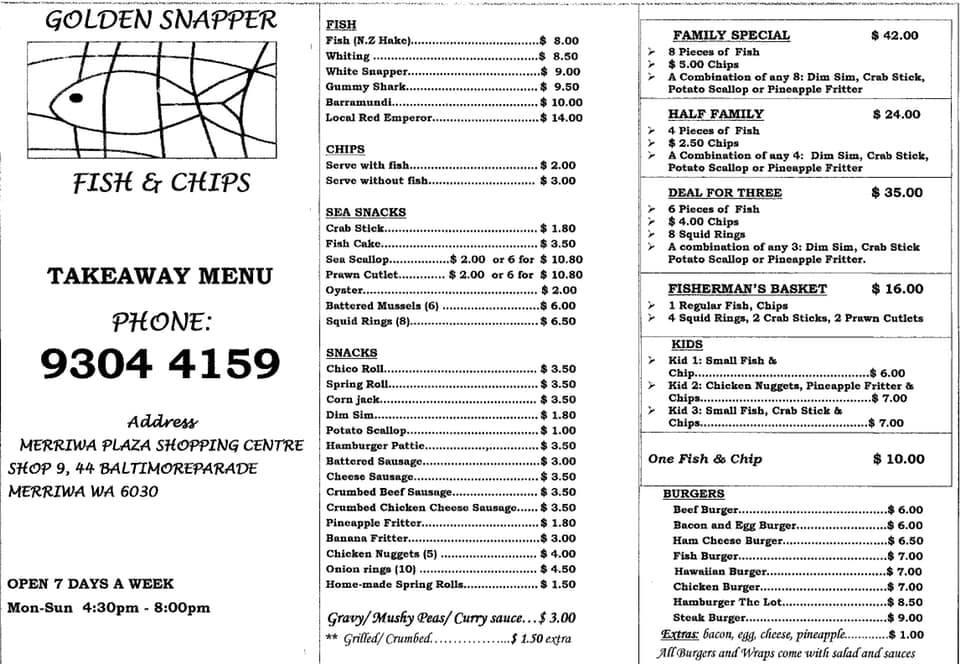 Menu at Golden Snapper Fish & Chip Shop restaurant, Merriwa