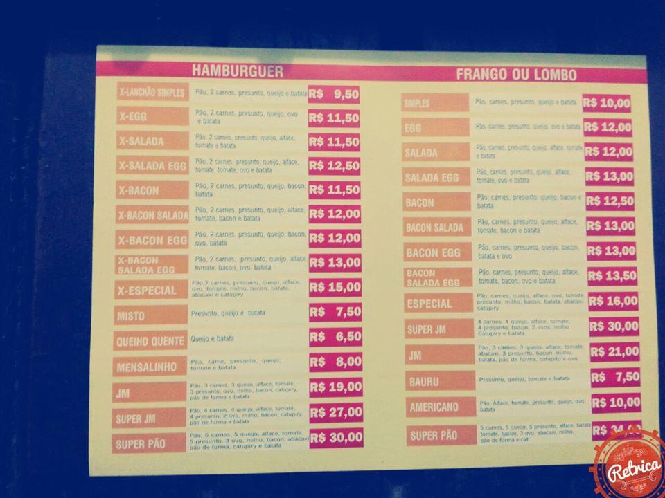 Menu at JM Lanches cafeteria, Alfenas