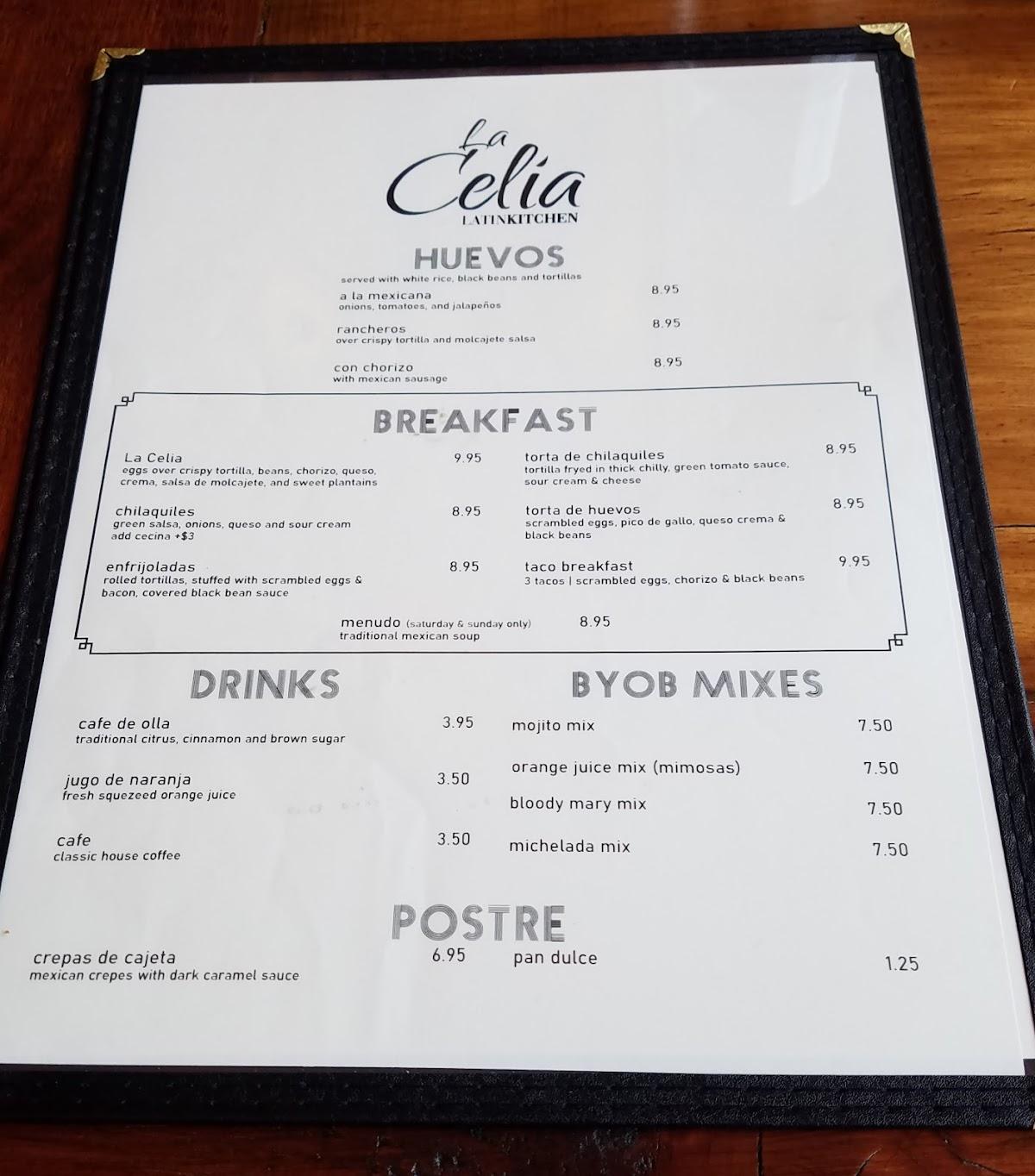 Menu at La Celia Latin Kitchen restaurant, Chicago