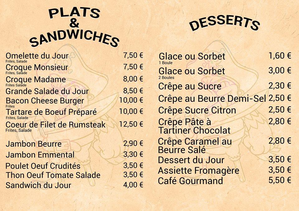 Menu at Le Jean Bart, La Rochelle