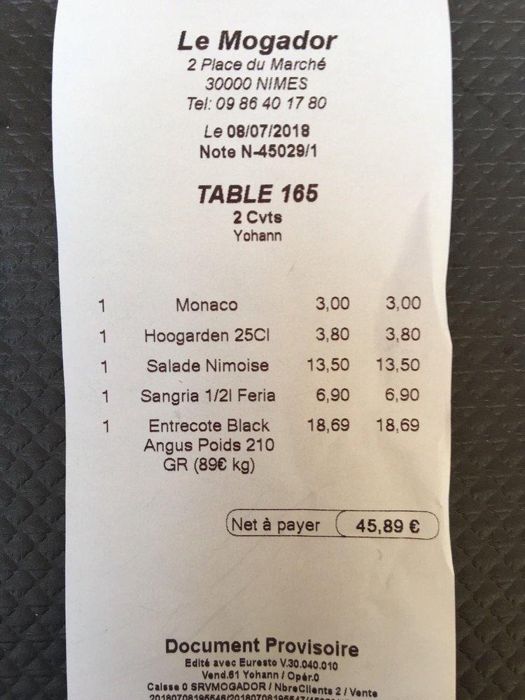 Menu at The Mogador Nimes cafe, Nimes