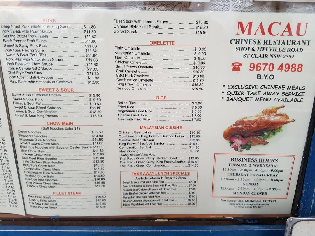 Menu at Macau restaurant, Saint Clair