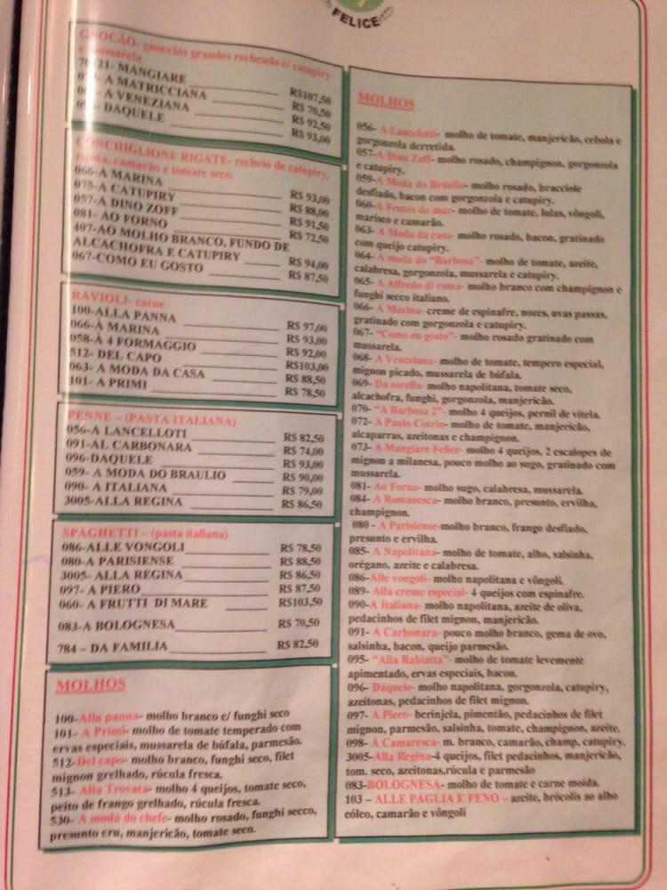 Menu em Mangiare Felice restaurante, Curitiba, R. Francisco Rocha