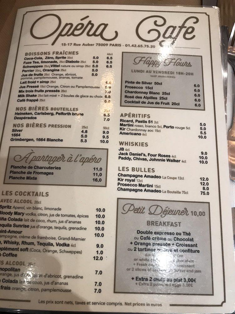 Menu at Opéra Café, Paris, 15 Rue Auber