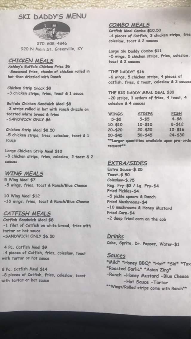 Menu at Ski Daddy’s FoodTruck restaurant, Greenville