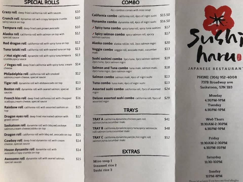 Menu at Sushi Haru restaurant, Saskatoon