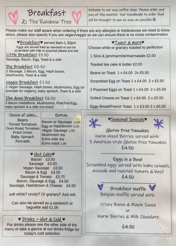 Menu at The Rainbow Tree cafe, Leicester