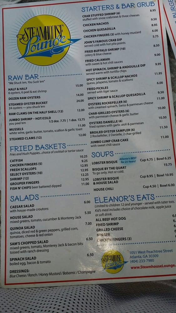 Menu at The Steamhouse Lounge pub & bar, Atlanta, W Peachtree St NW