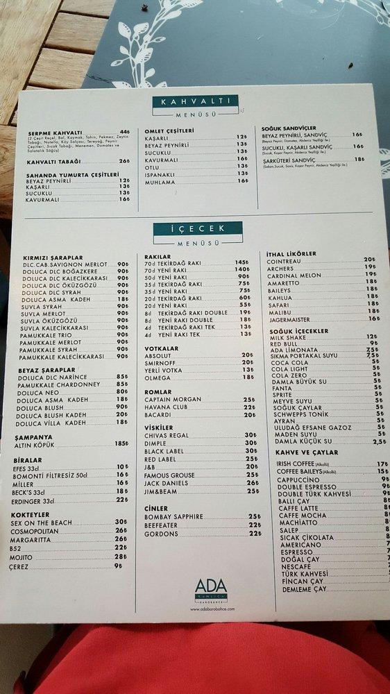 Menu at Ada Baro Bahçe, Istanbul