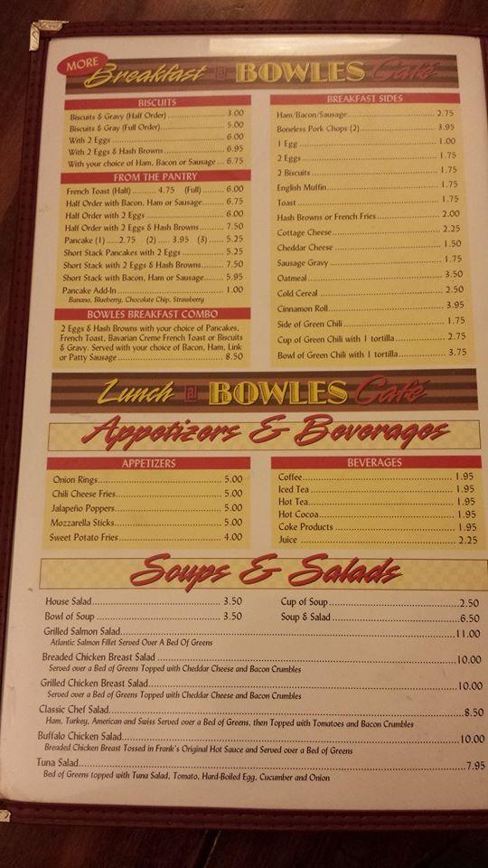 Menu at Bowles Cafe, Littleton