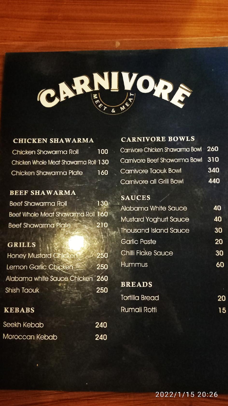 Menu at Carnivore Cafe, Kalpetta