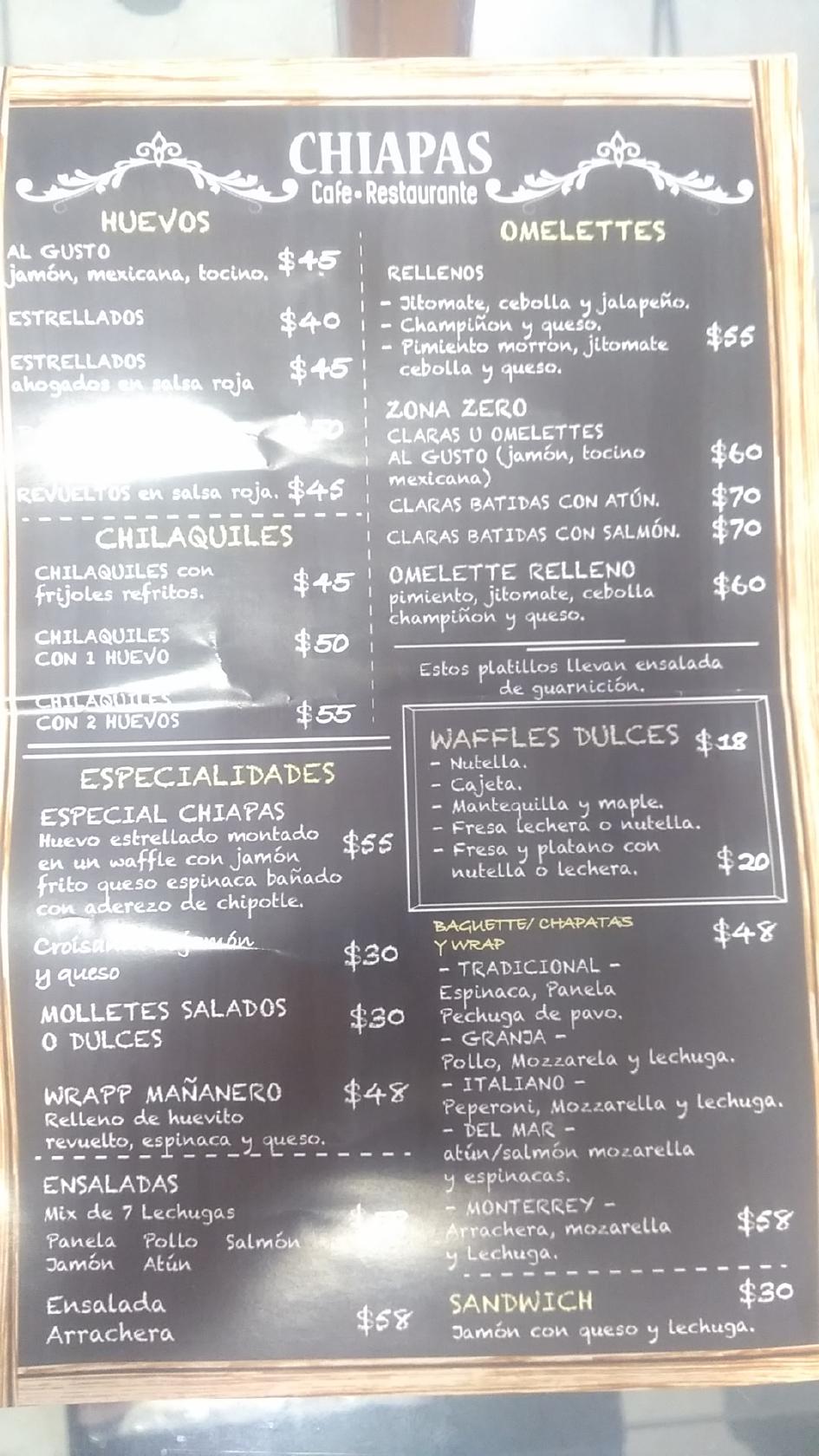 Menu at Chiapas cafe, Guadalajara