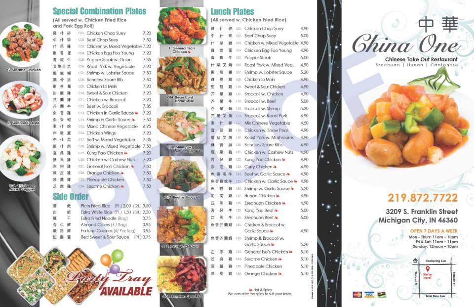 Menu at China One restaurant, Michigan City