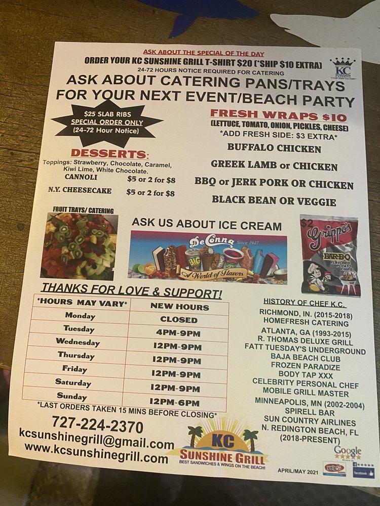 Menu at KC Sunshine Grill BBQ, North Redington Beach