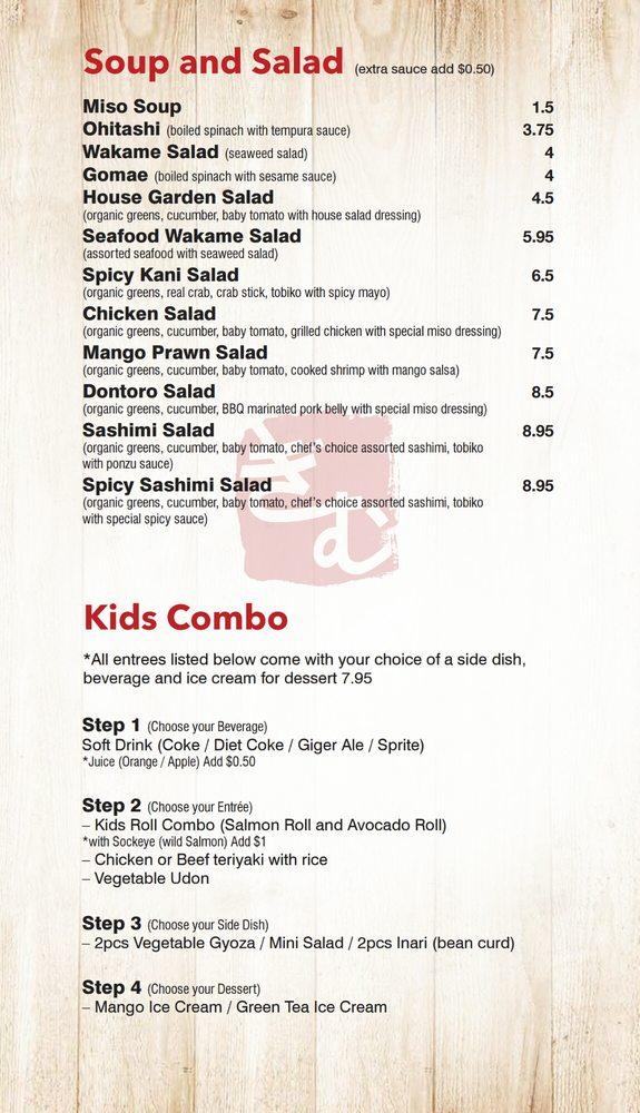 Menu at Kimu Japanese Cuisine restaurant, Vancouver