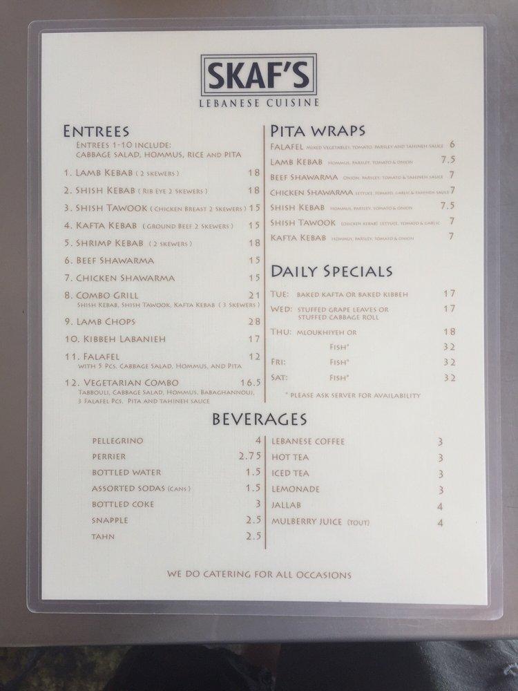 Menu at Skaf's Lebanese Cuisine restaurant, Glendale, 367 N Chevy Chase Dr