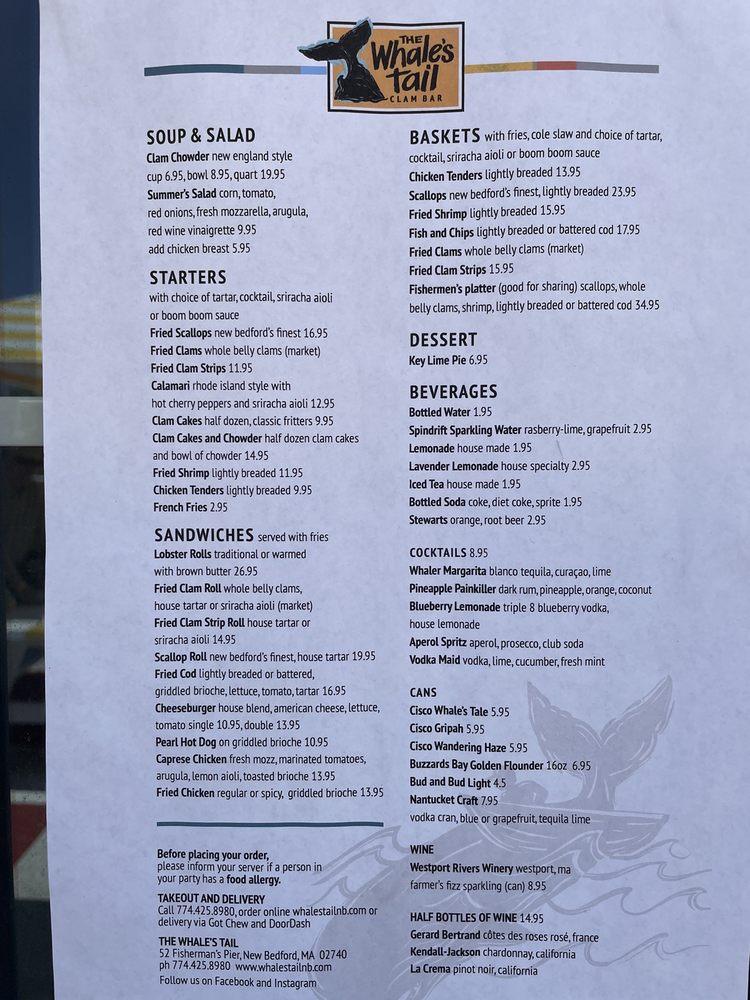 Menu at The Whale's Tail restaurant, New Bedford