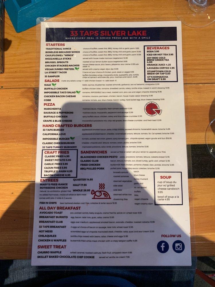 Menu at 33 Taps Silver Lake pub & bar, Los Angeles, Sunset Blvd