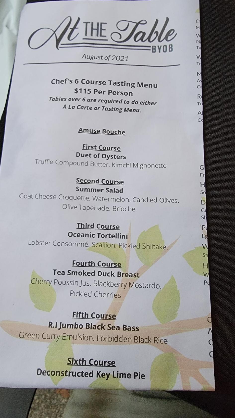 Menu at At The Table BYOB restaurant, Wayne