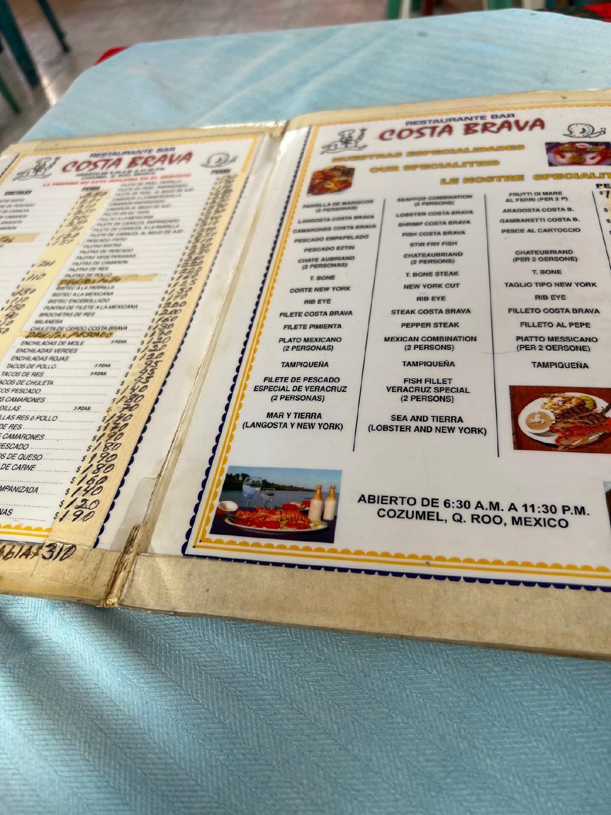 Menu at Costa Brava restaurant, San Miguel de Cozumel