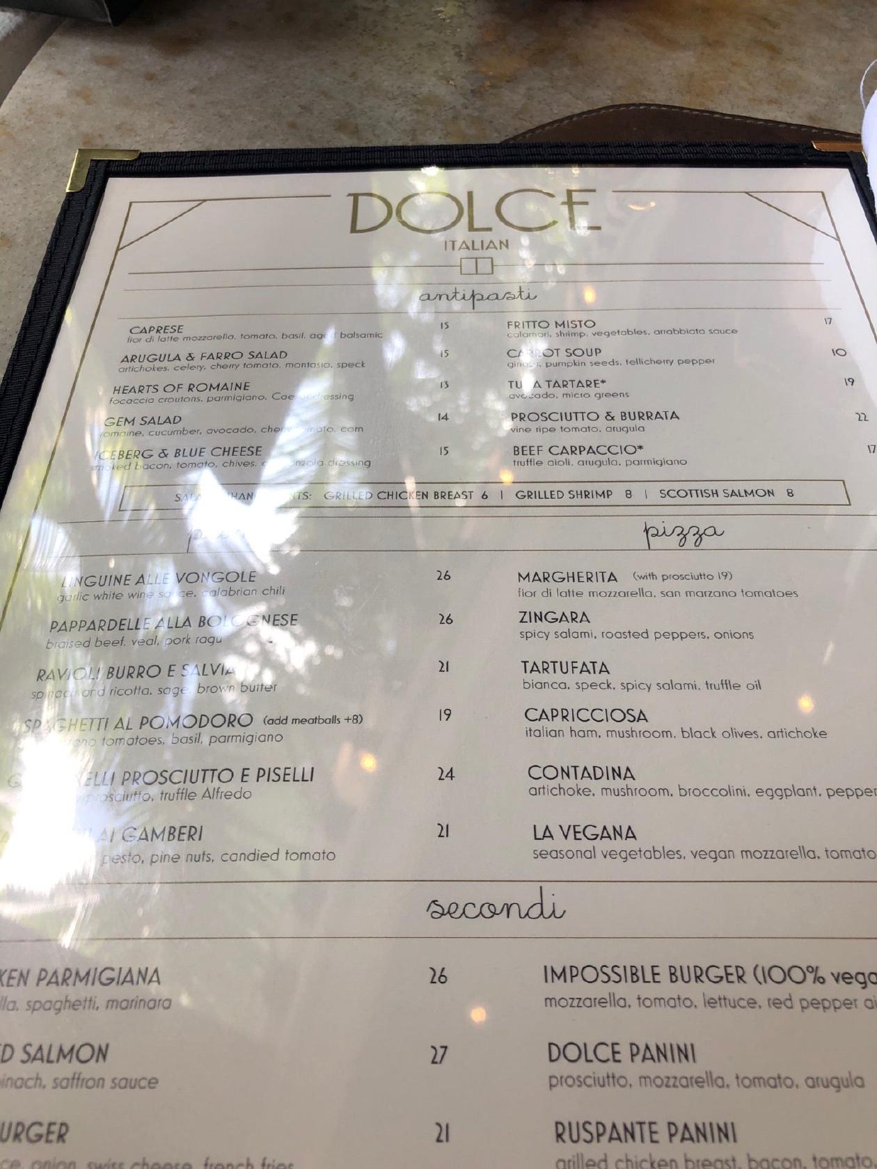 Menu at Dolce Italian Miami restaurant, Miami Beach