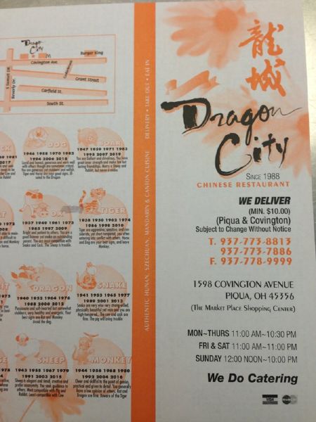 Menu at Dragon City restaurant, Piqua