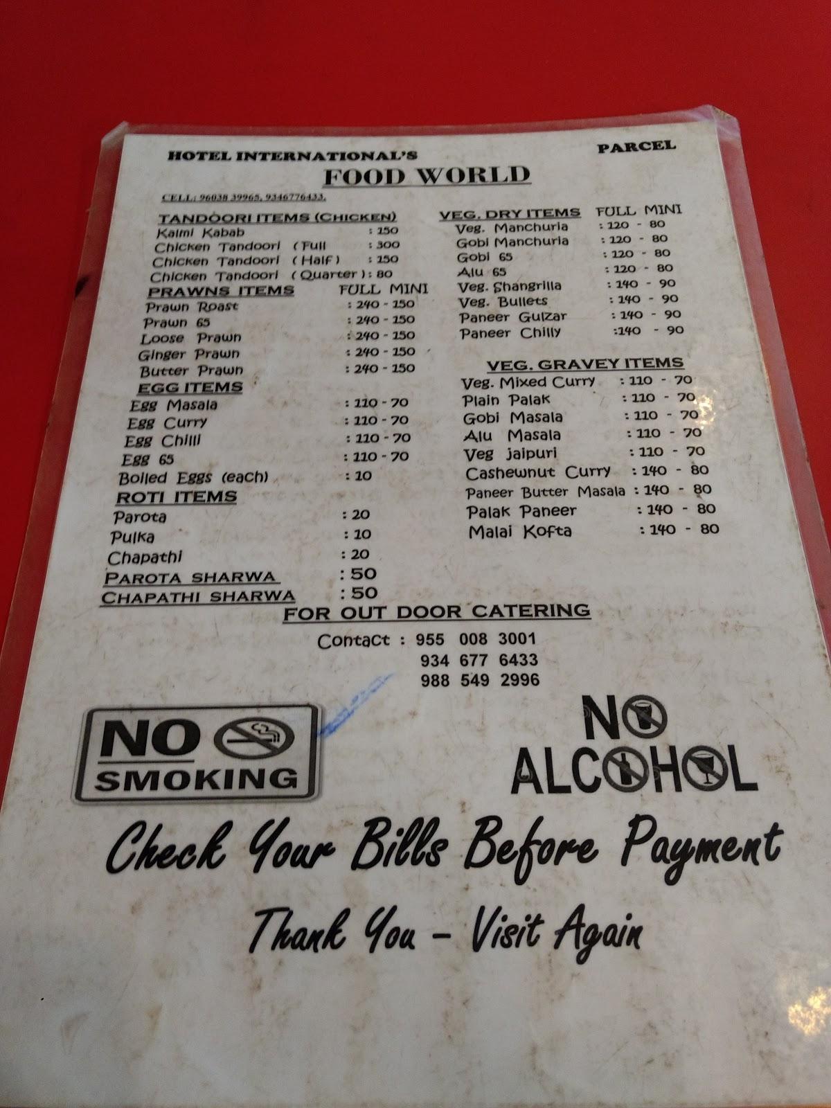 Menu at Hotel International Food World, Kurnool