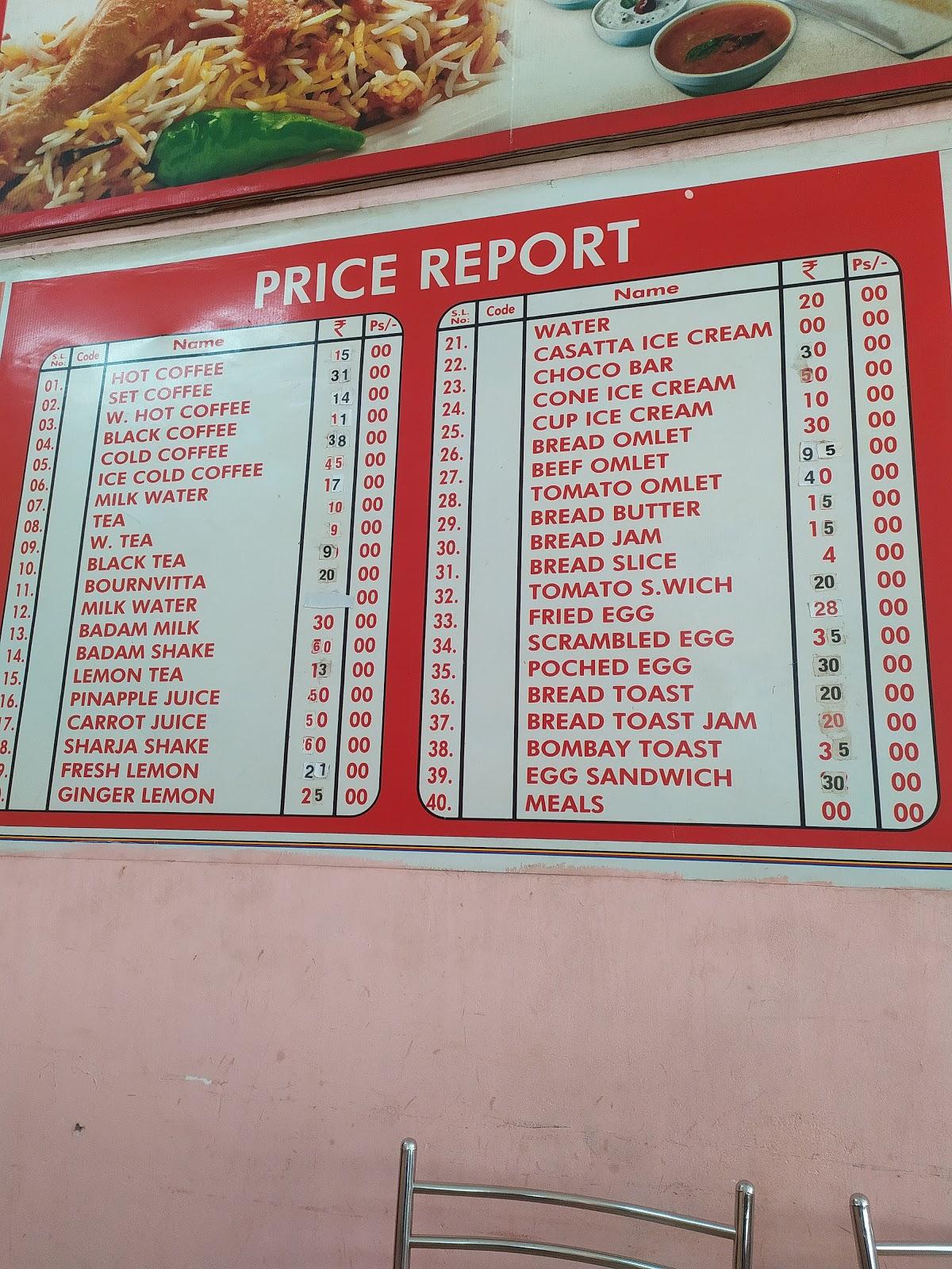 Menu at Indian Coffee House, Chengannur