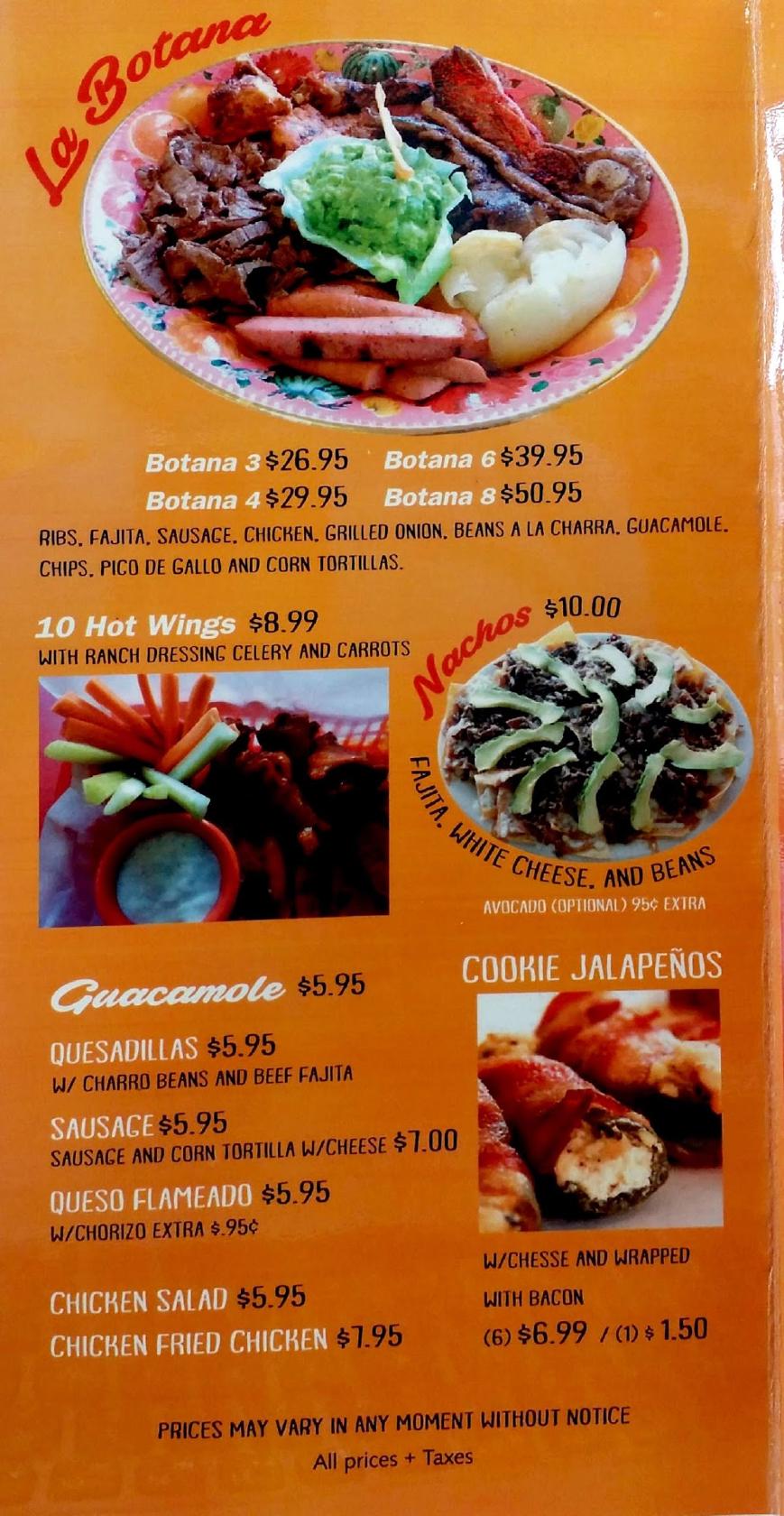 Menu at La Botana de Cookie restaurant, Harlingen, Midlane Dr
