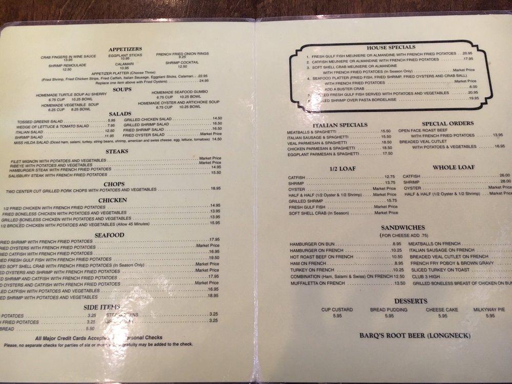 Menu at Mandina's Restaurant, New Orleans