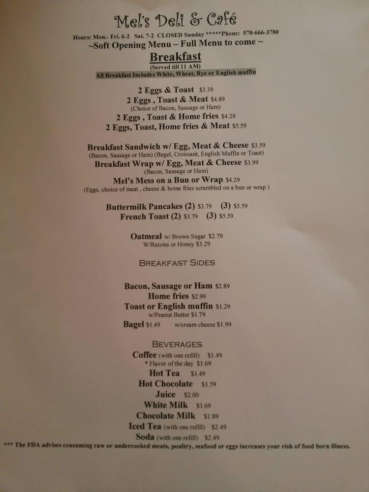 Menu at Mel's Deli & Cafe, Montoursville