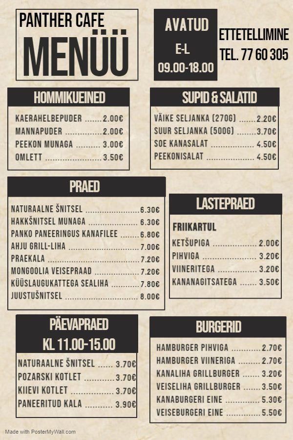 Menu at Panther Kohvik - Panther Teemaja OÜ cafe, Jõgeva