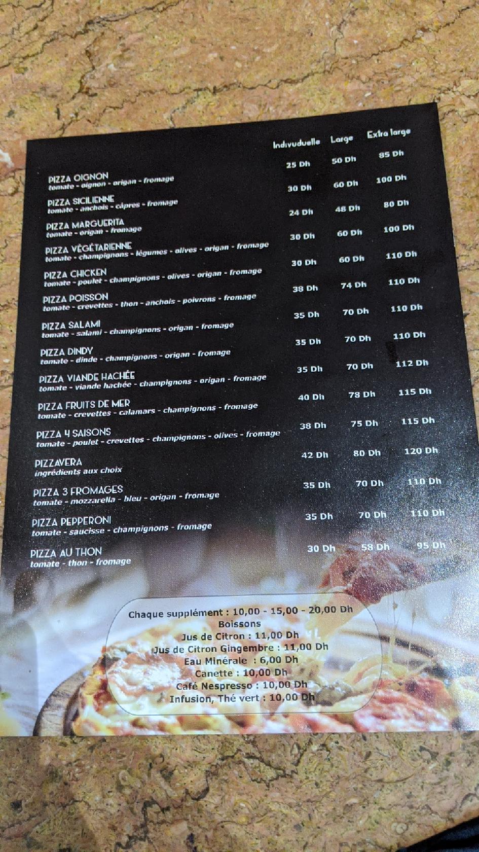 Menu at Pizza Vera restaurant, Rabat, Hassan