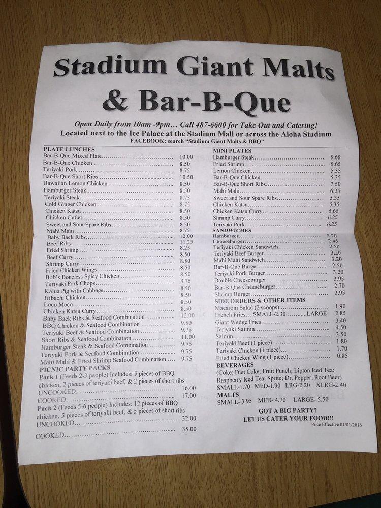 Menu at Stadium Giant Malts & Bar-B-Que, Honolulu
