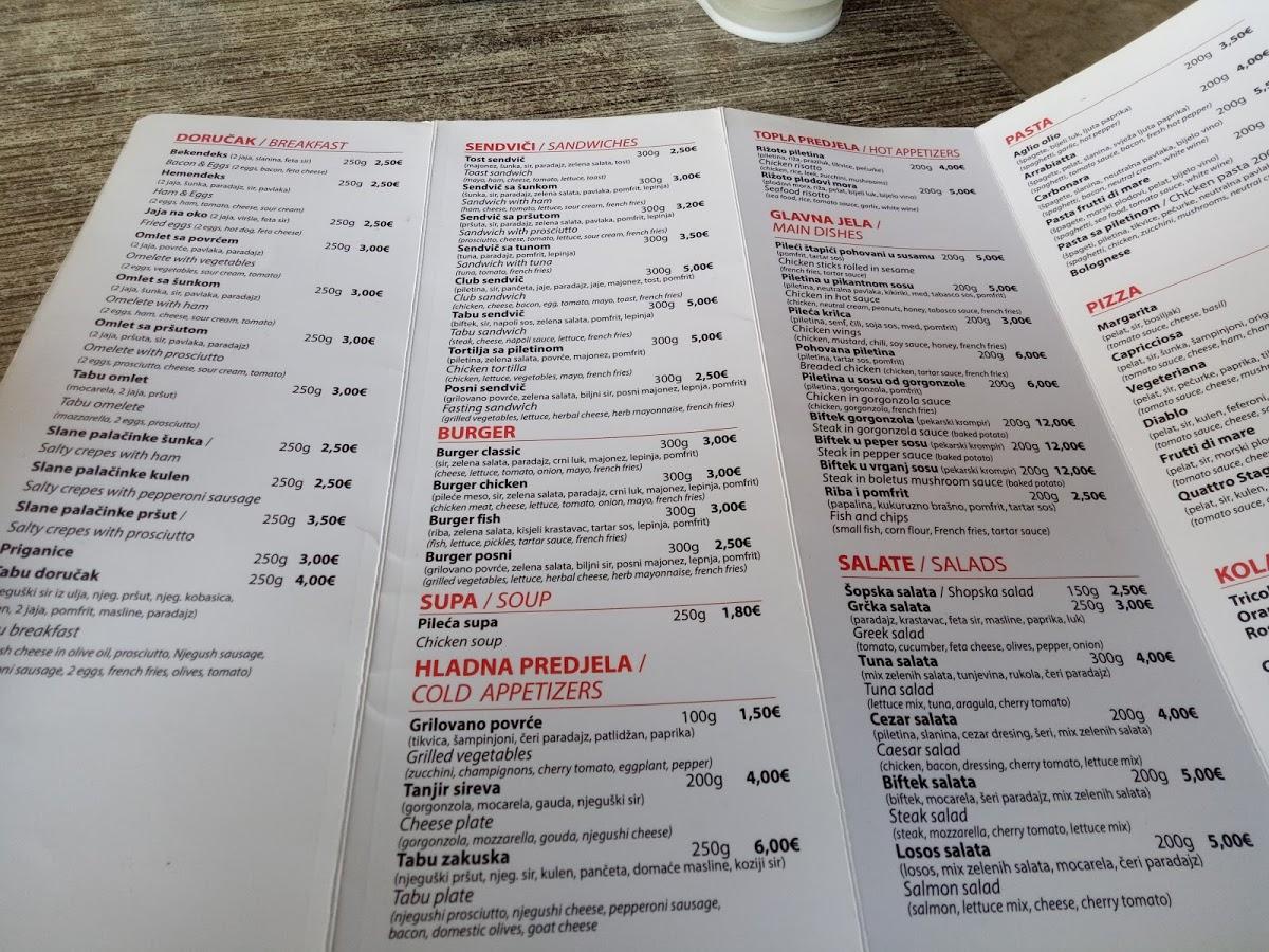 Menu at Tabu Ultra Lounge cafe, Budva