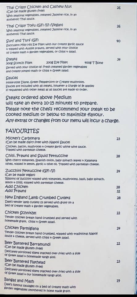 Menu at Top Pub, Uralla