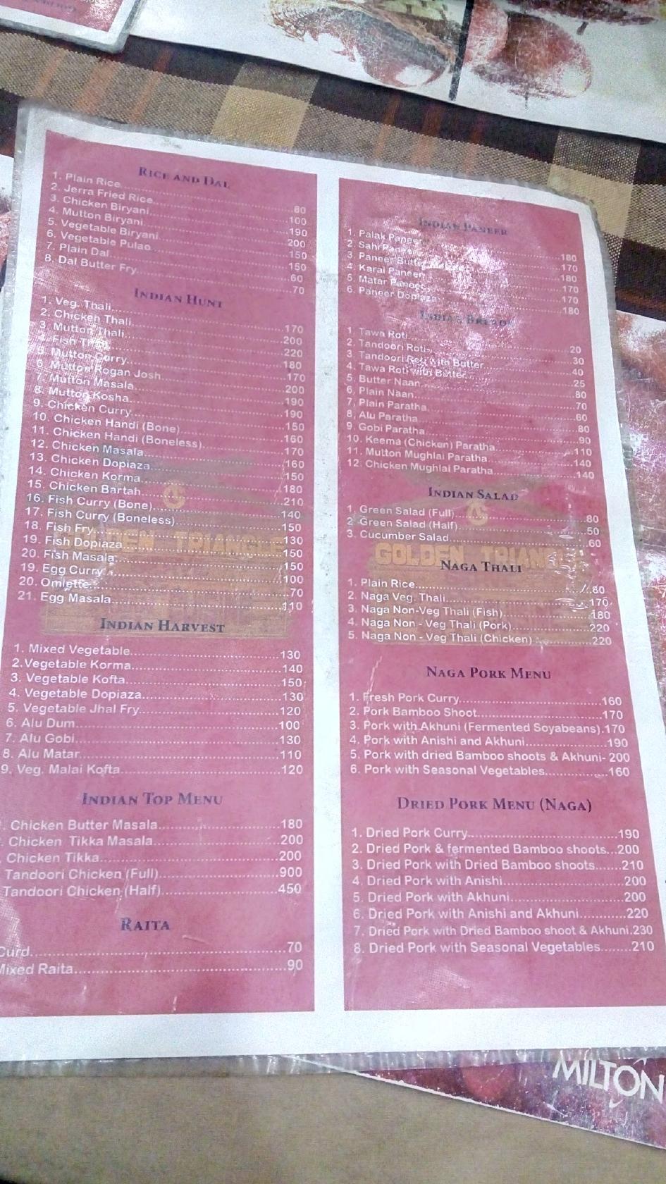 Menu at Golden Triangle, Shillong