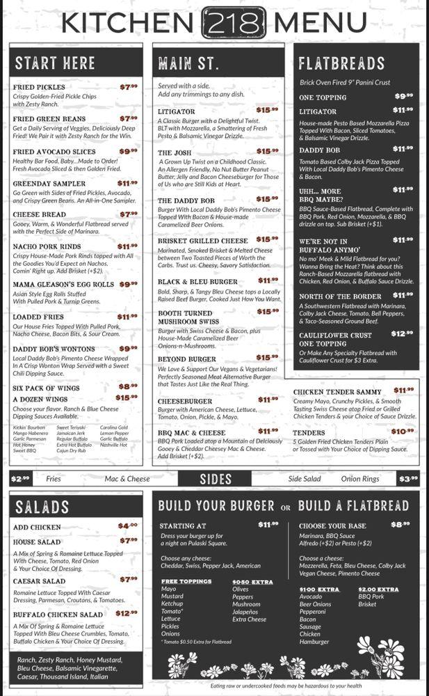 Menu at Kitchen 218 restaurant, Pulaski