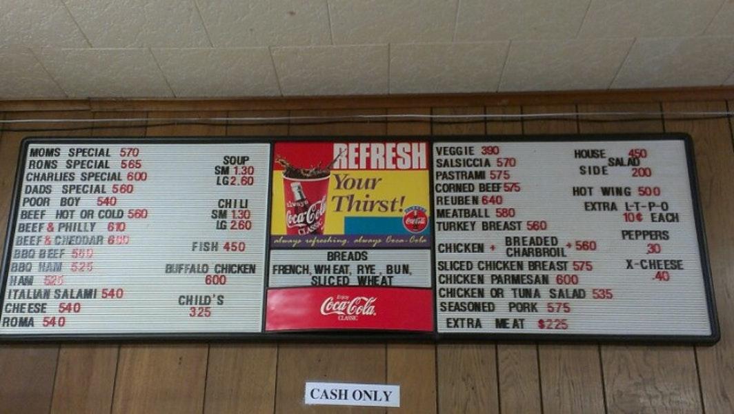 Menu at Mom's Deli restaurant, St. Louis