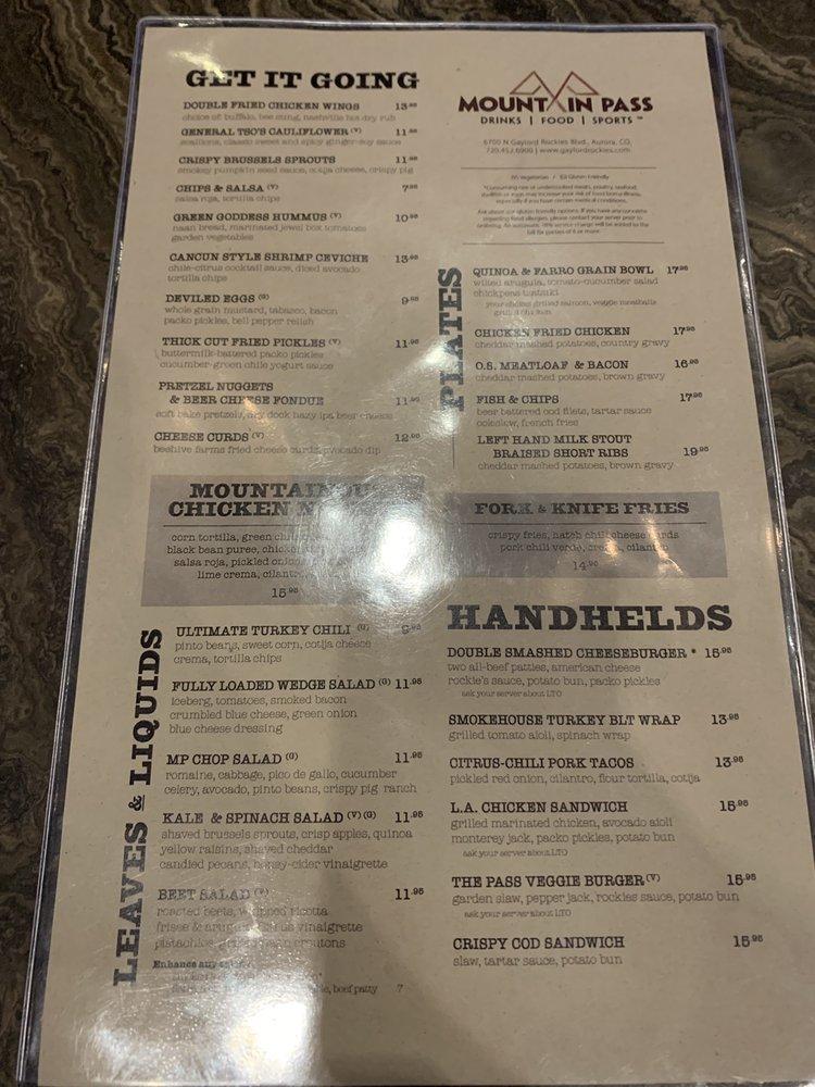 Menu at Mountain Pass Sports Bar, Aurora