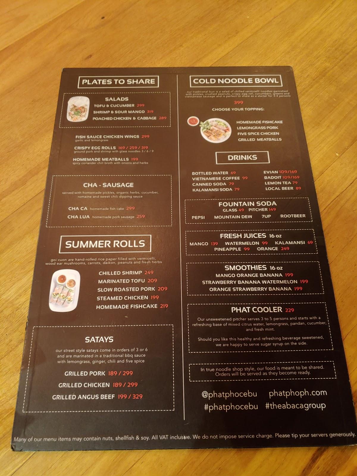 Menu at Phat Pho restaurant, Cebu City, 8WH5+8MF