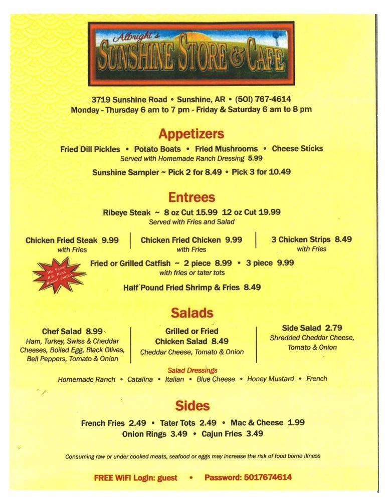 Menu at Sunshine Store & Cafe, USA, Sunshine Rd