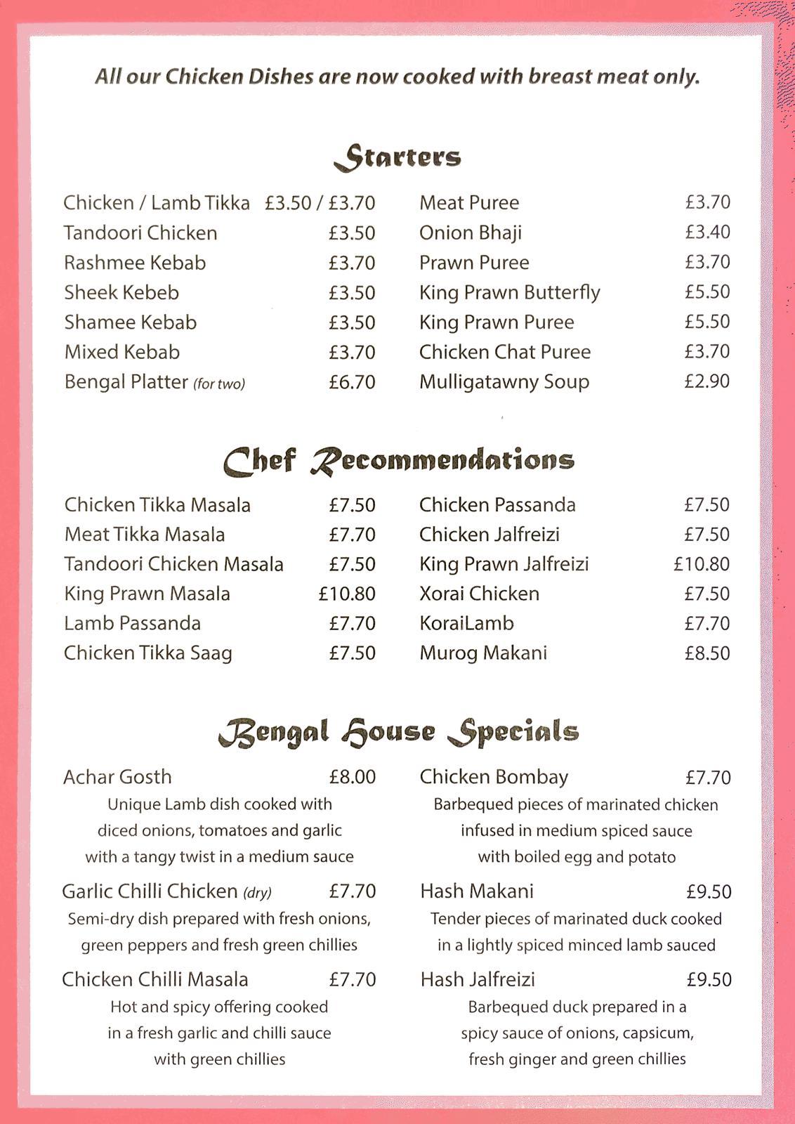 Menu at Bengal Tandoori restaurant, East Preston