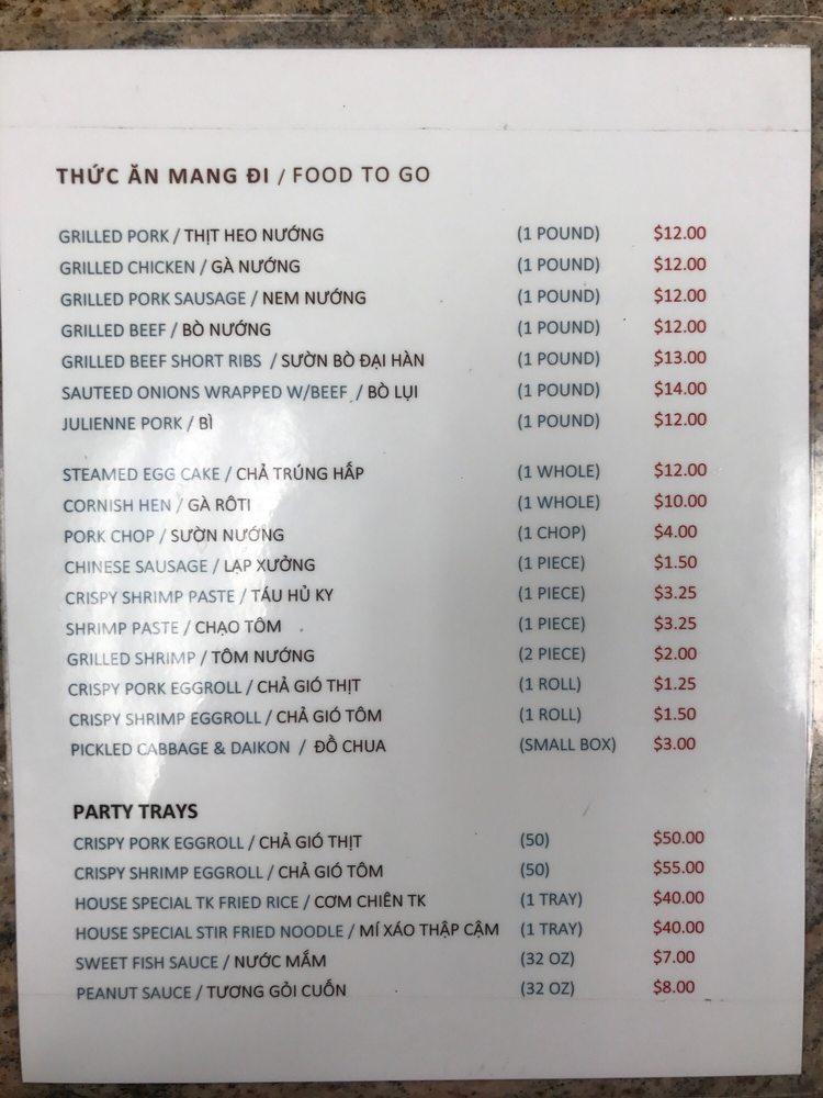 Menu at Com Tam Thuan Kieu Restaurant, Tucson