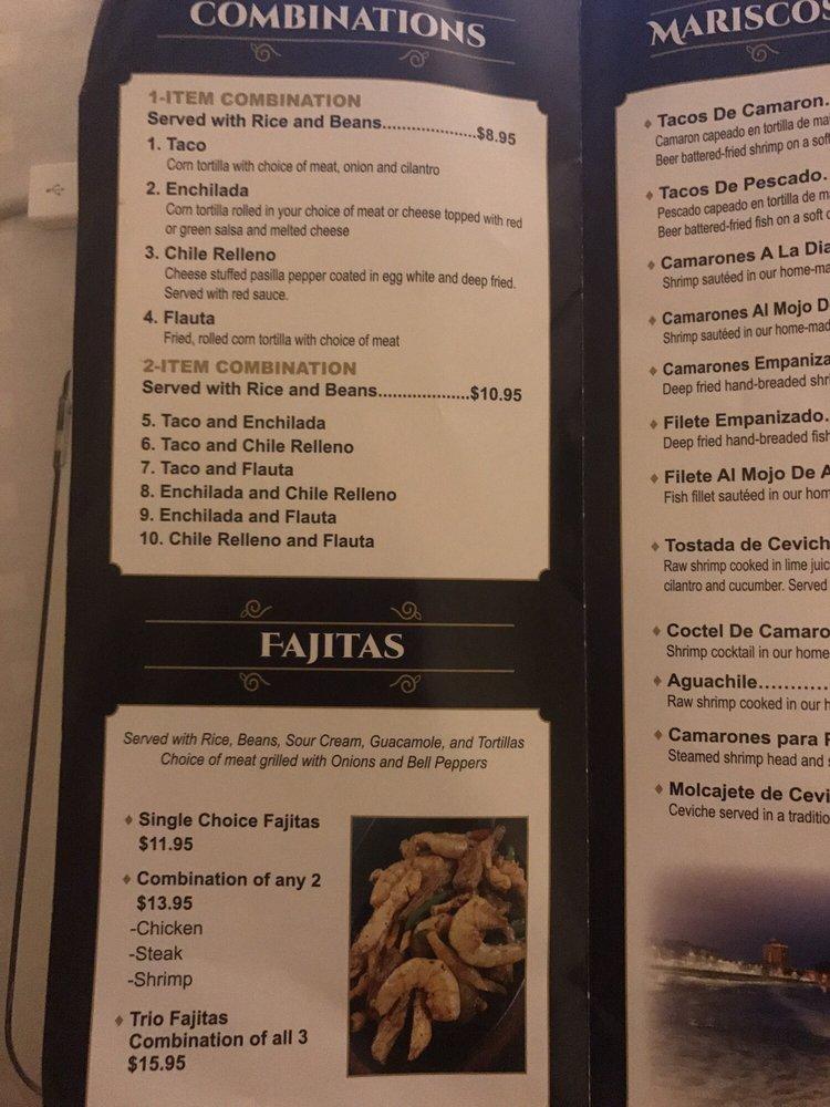Menu at El Tesoro Mazatlan restaurant, Vallejo