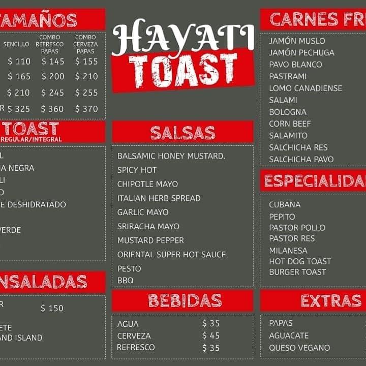 Carta del restaurante Hayati toast kosher, Ciudad del México